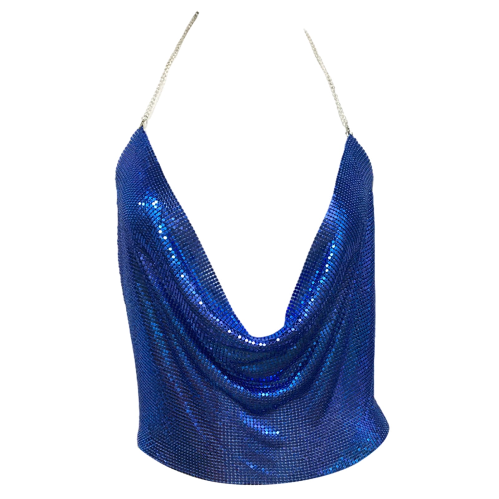 Sparkly Metallic Sequins Cowl V-Neck Chain Backless Camisole for Women ...