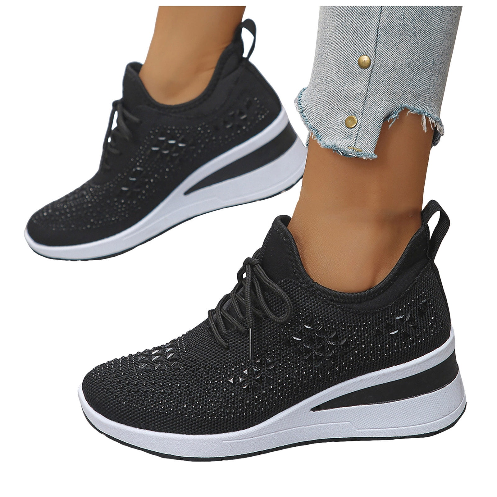 Sparkly Rhinestones Platform Wedge Walking Shoes for Women Fashion ...