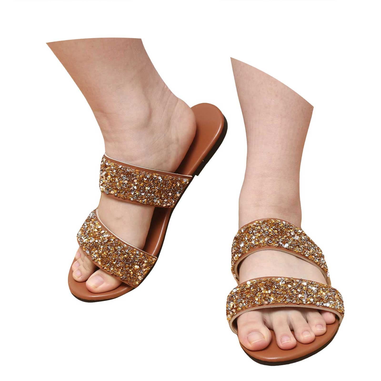 Sparkly Sequin Slip on Dress Sandals for Women 2025 Summer Gold Ladies ...