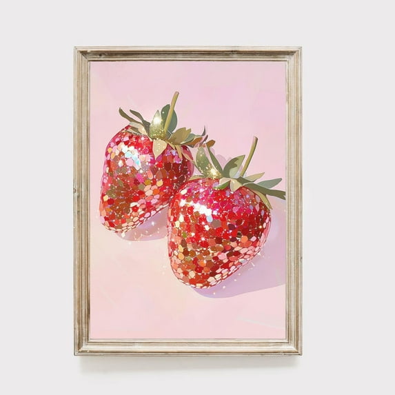Sparkly Strawberry Poster Pink Kitchen Art, Summer Berry Decor, 24x36 ...