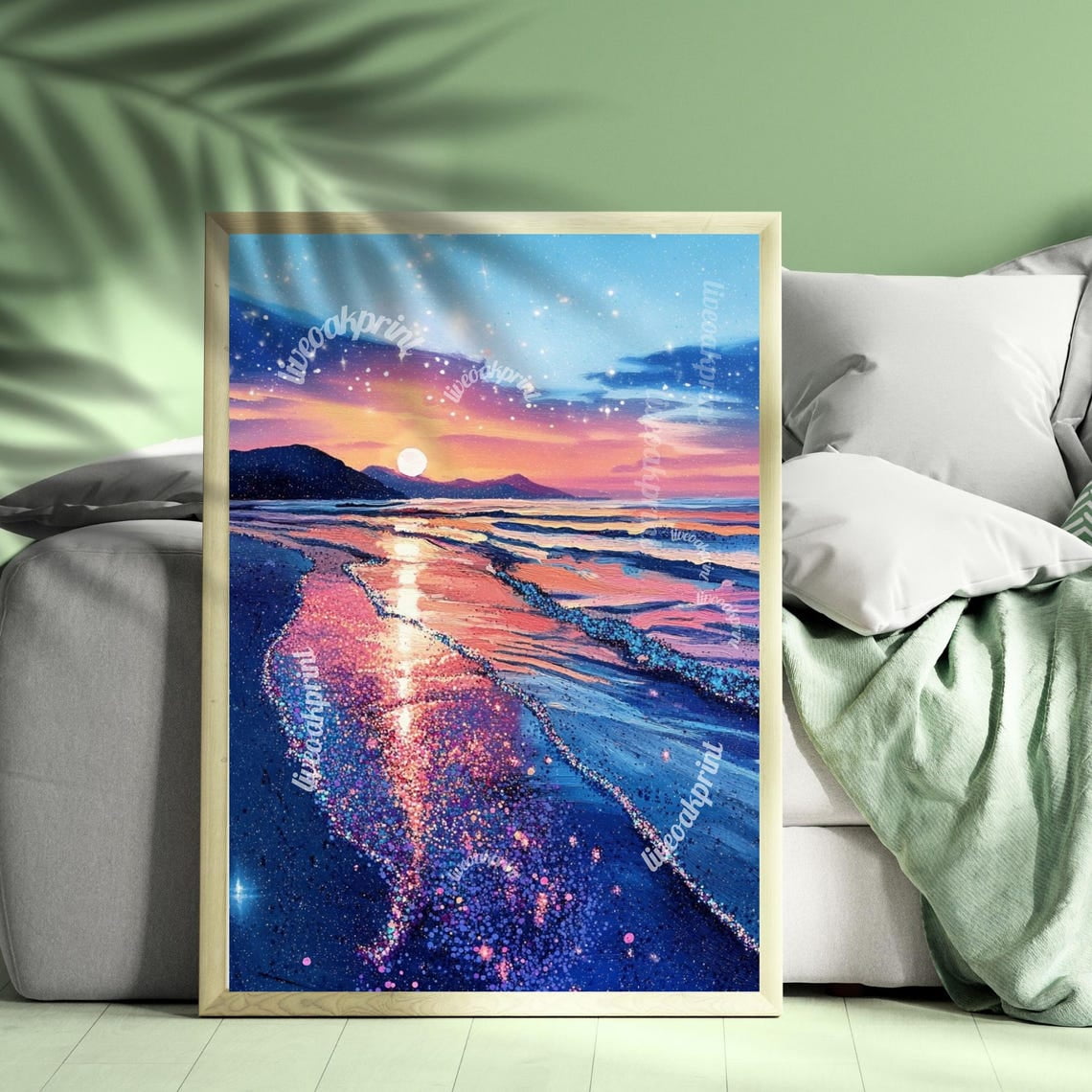 Sparkly Sunset Print - Pink Beach Print - Glitter Wall Art - Boho Beach ...