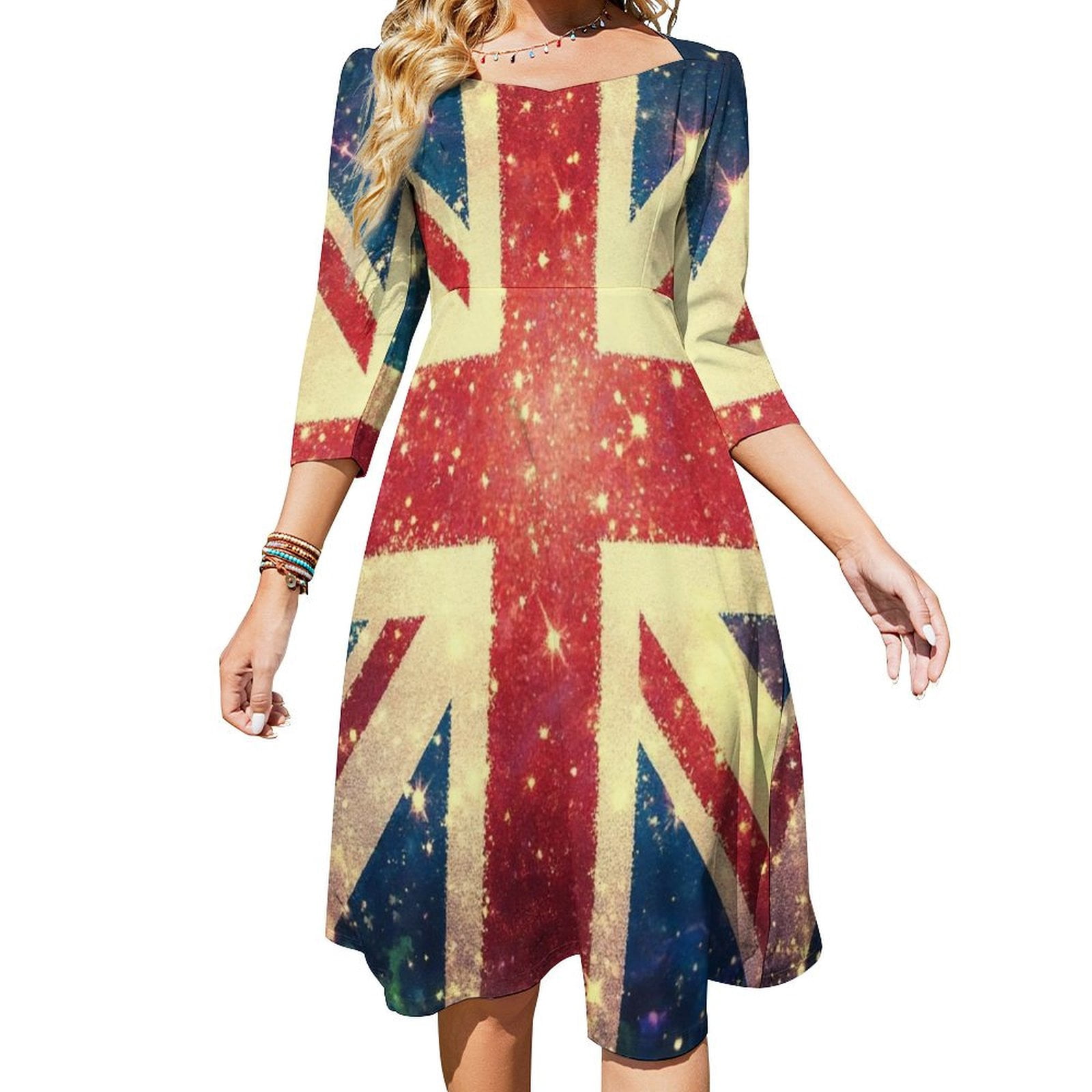 Sparkly Union Jack Flag-2 Women's 3/4 Sleeve Dresses Elegant A-Line ...