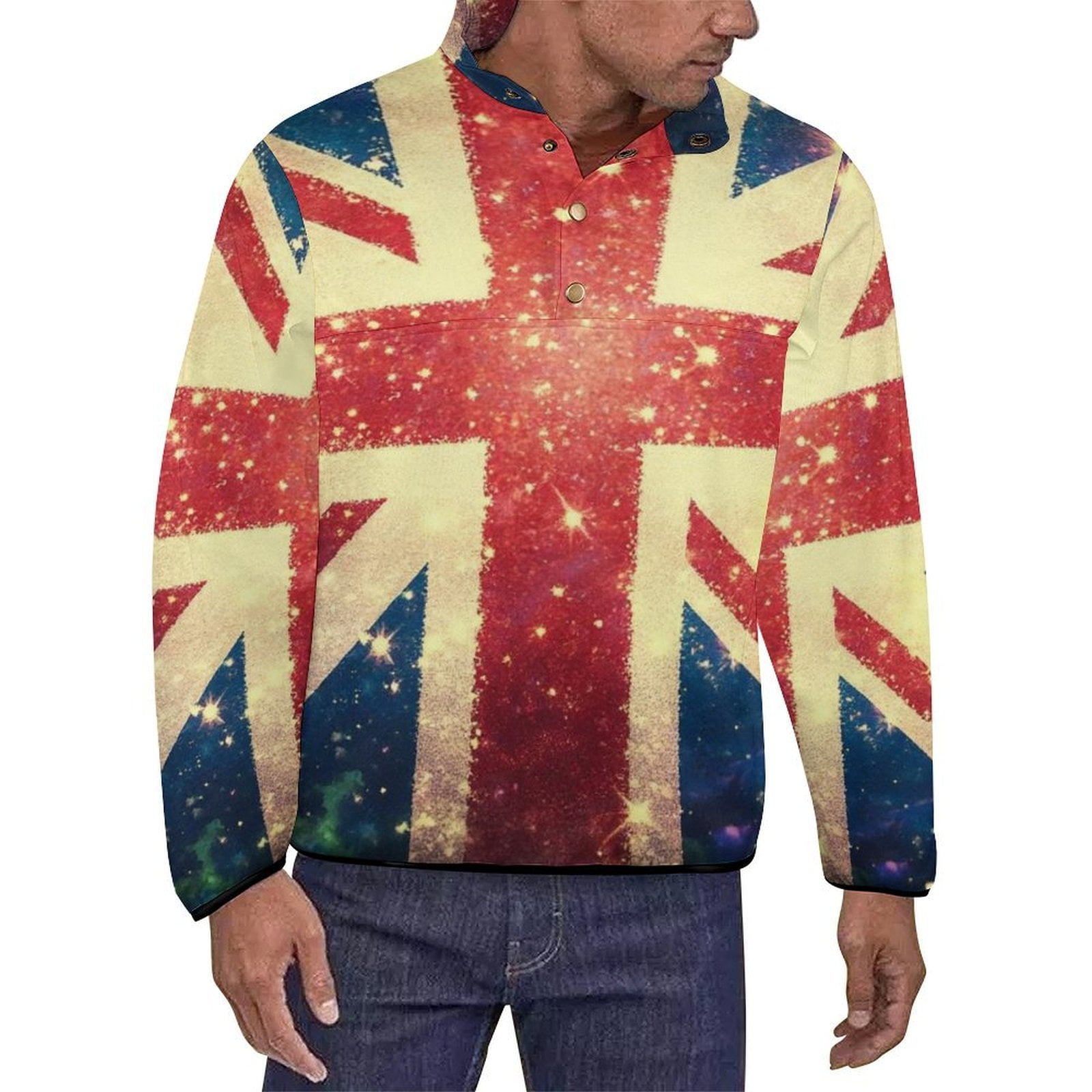 Sparkly Union Jack Flag Men's Stand Collar Sweater Long Sleeve Clothing ...