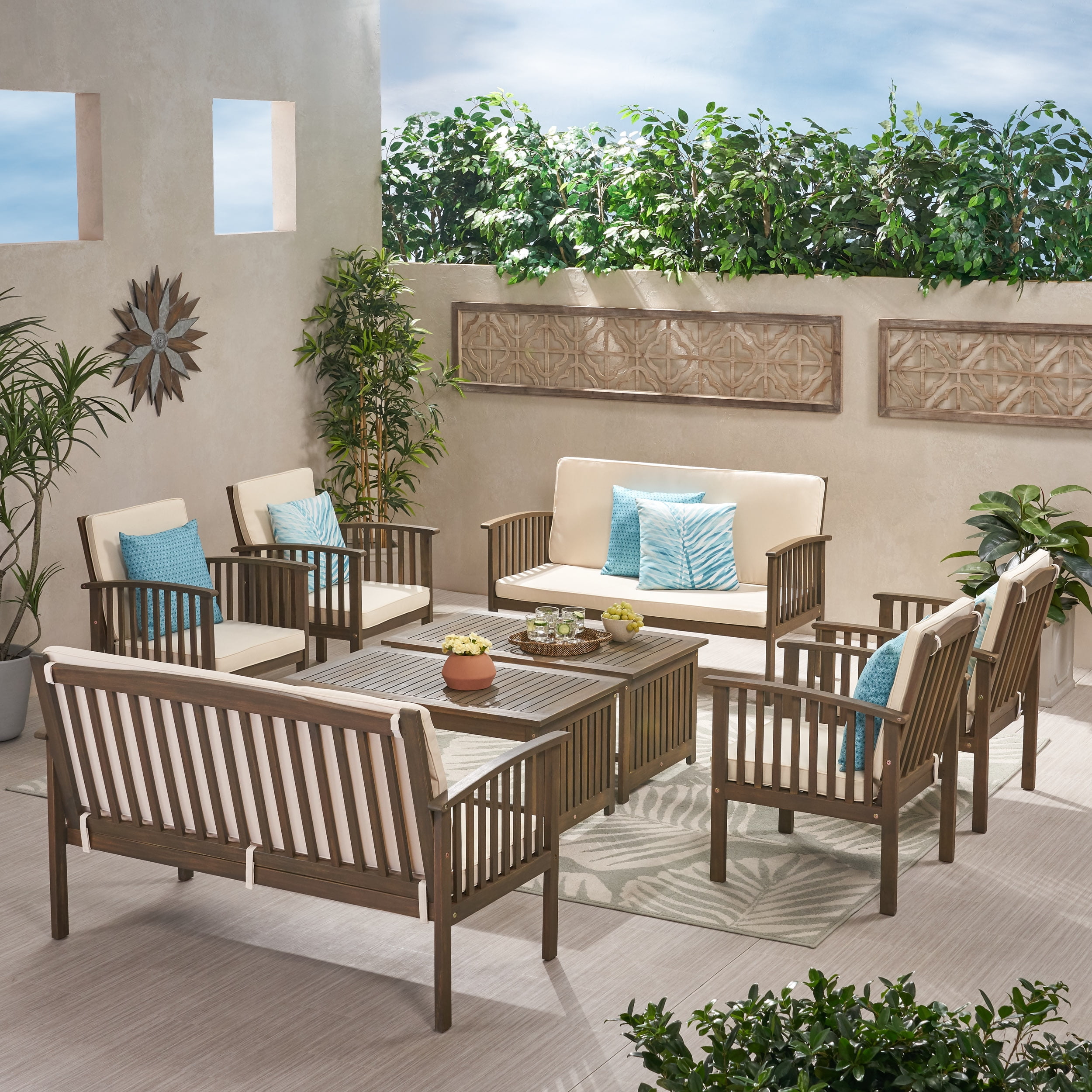 Sparks 8 Piece Outdoor Acacia Chat Set with Cushions, Grey Finish ...