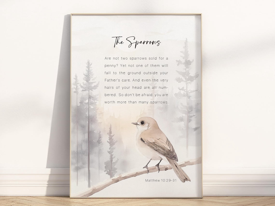 The Sparrow Bible Verse Wall Art, Modern Christian Matthew 10:29-30 ...