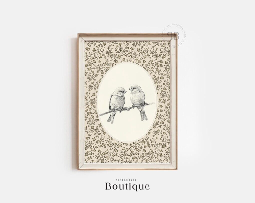 Sparrow Bird Print, Charming Farmhouse Wall Art With Floral Border ...