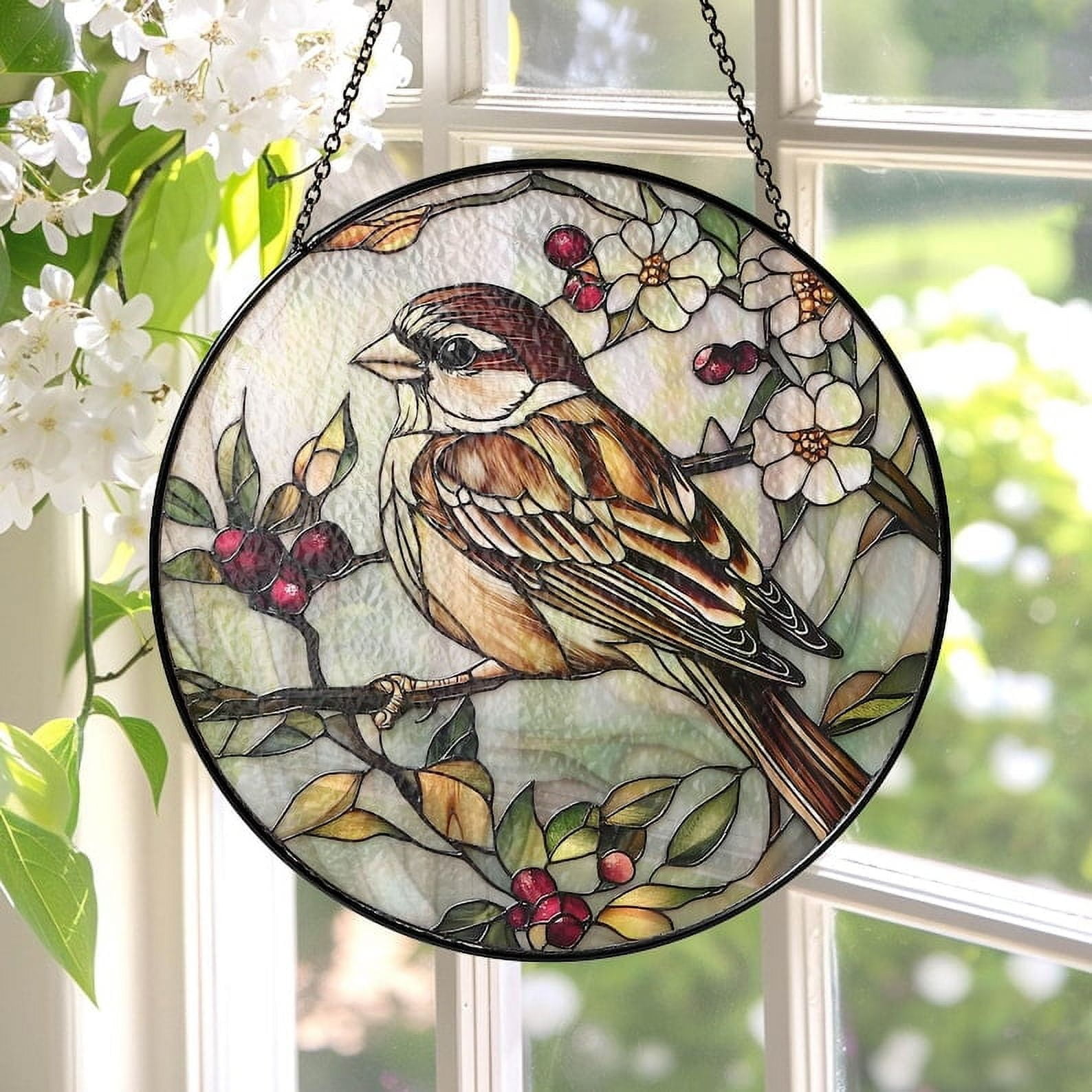 Sparrow Stained Glass Suncatcher, Charming Sparrow Glass Flowers Window ...