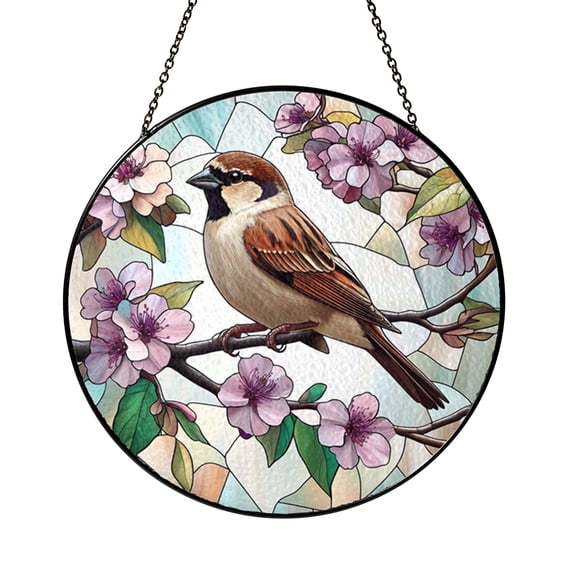 Sparrow and Cherry Blossom Stained Glass Suncatcher, Spring Floral Bird ...