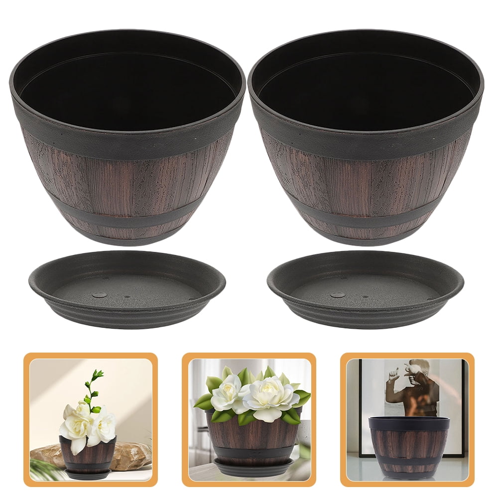 Sparsain Set of 2 classic flower pots with wooden and plastic tray ...