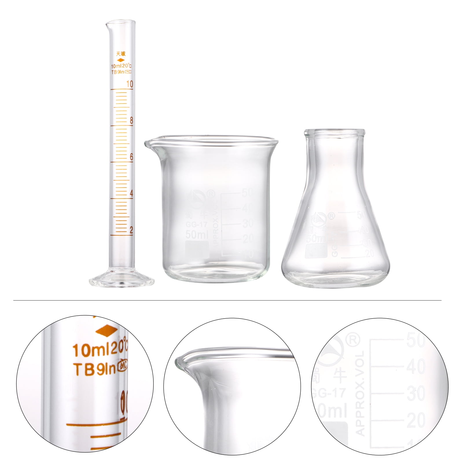 Sparsain Set of 3 Glass Graduated Cylinders Beakers Conical Flasks ...