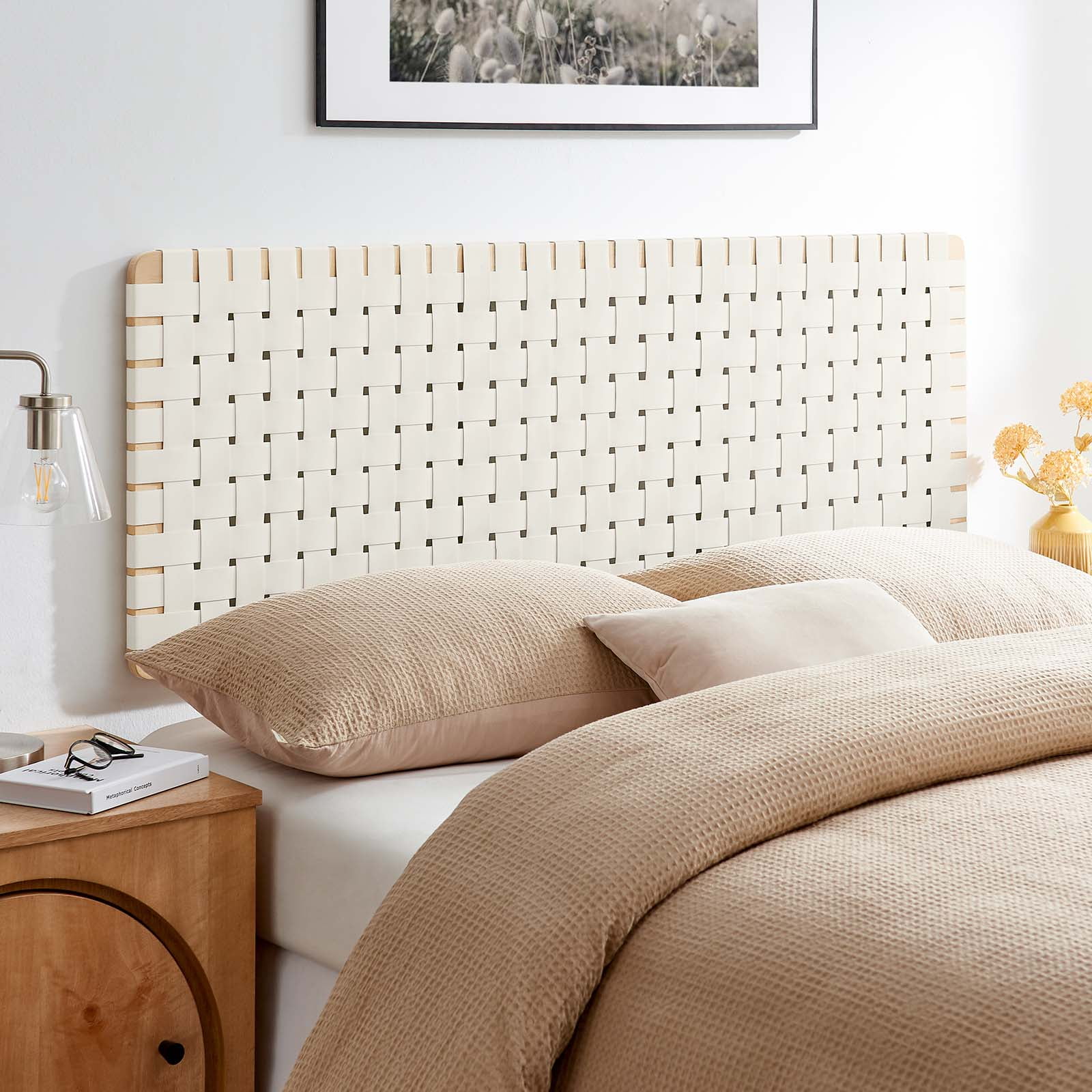 Sparta Weave Wall-Mount Vegan Leather Queen Headboard in Natural Beige ...