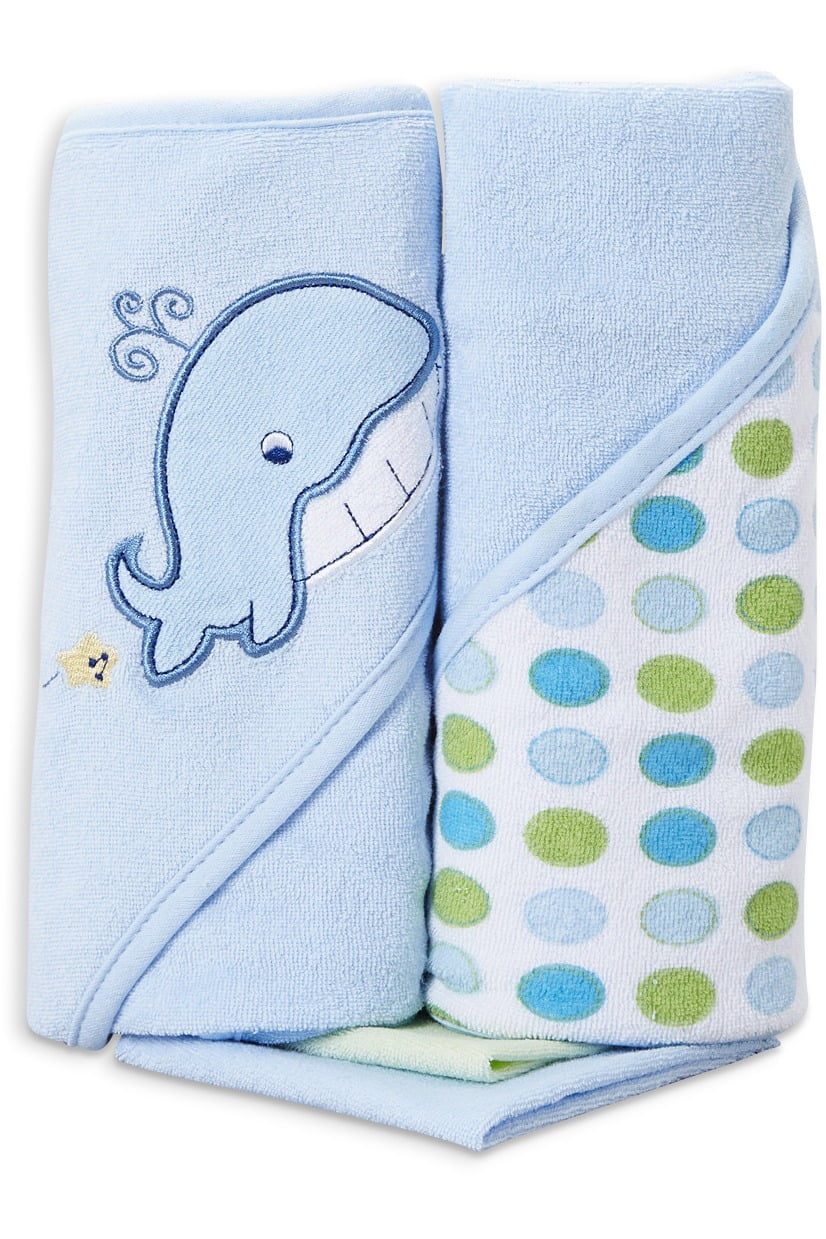 Spasilk Baby Bath Set, 2 Terry Hooded Towels & 2 Washcloths, Blue Whale ...