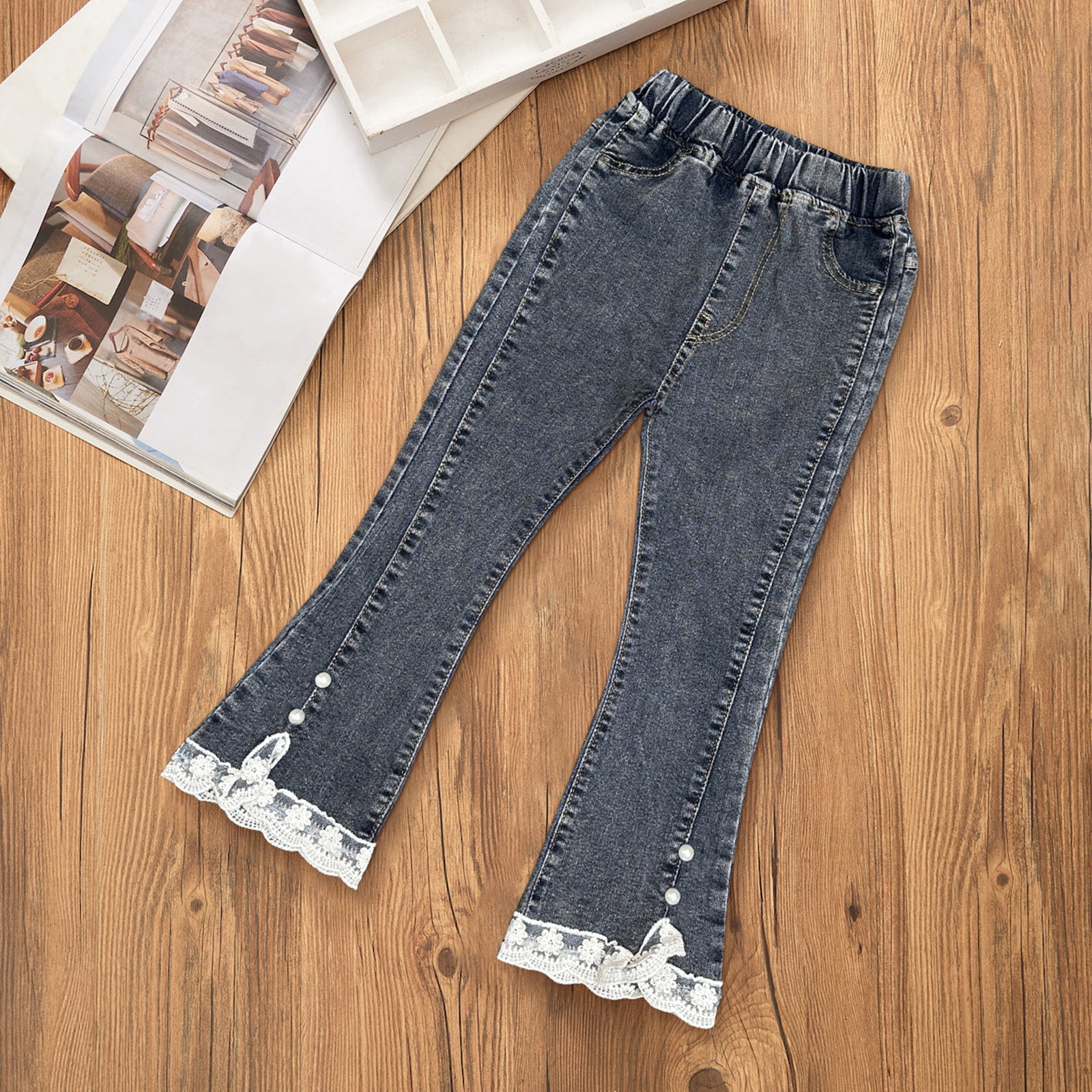 Spazoro Girls Jeans, Wide Leg Floral Lace Trim Casual Denim Lace ...