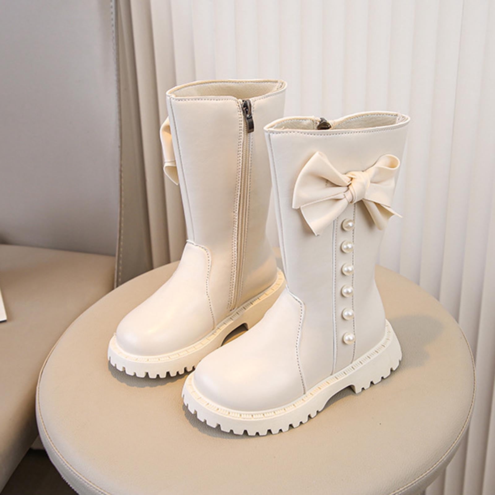 Spazoro Girls Knee High Boots, Chunky Sole Side Zipper Leather Bow ...