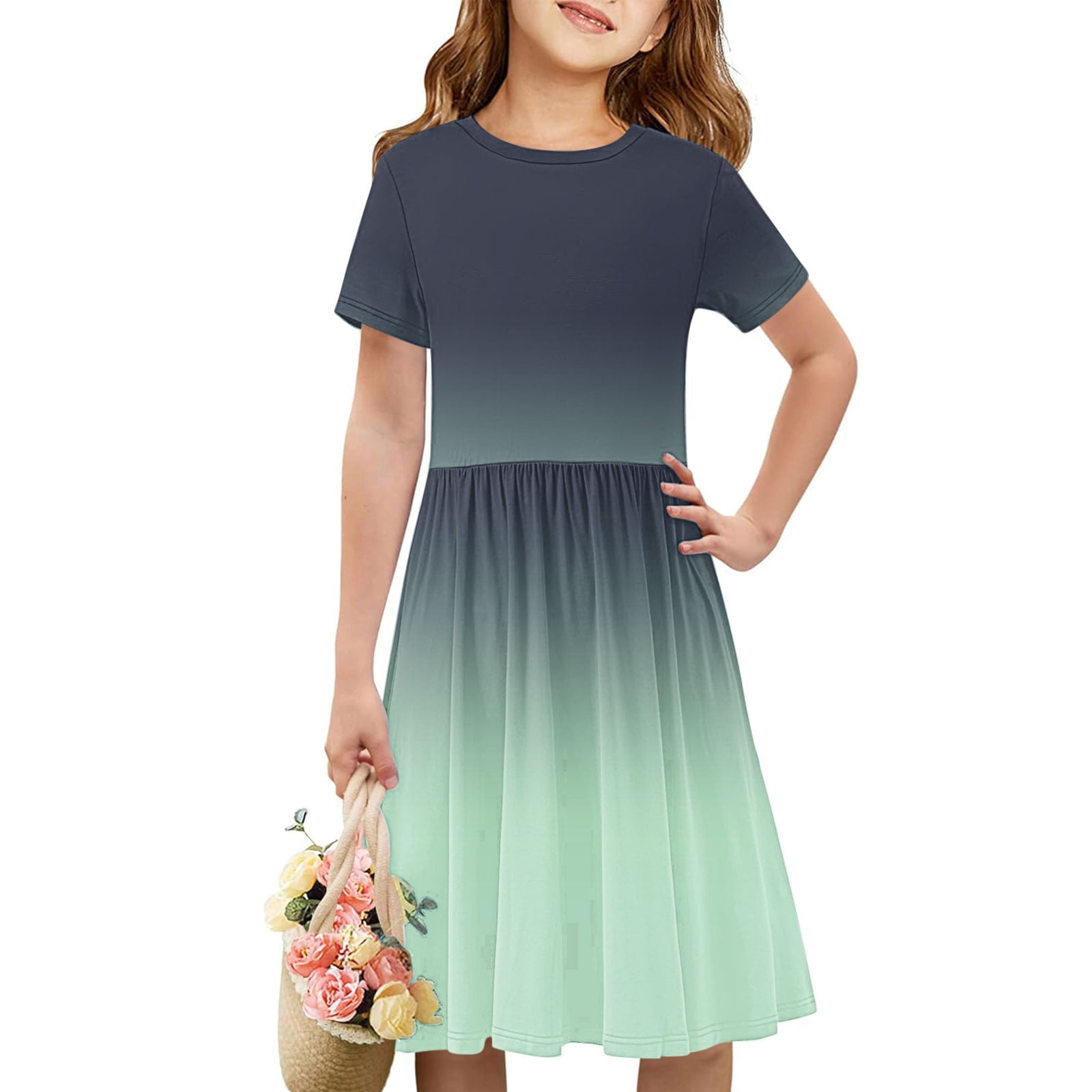 Spazoro Kids Girls A Line Dresses, Solid Color Short Sleeve New Style ...