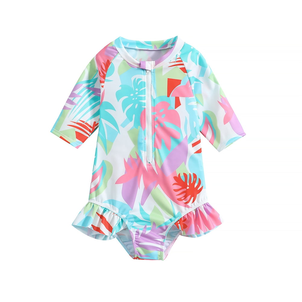 Spdoo Girls' Long-Sleeve One-Piece Swimsuit UPF 50+ Ruffle Cute Print ...
