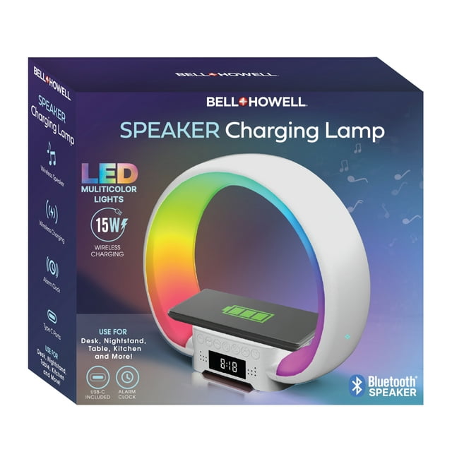 Bell + Howell Bluetooth Speaker Table Lamp Wireless Phone Charger Stand Alarm Clock RGB LED ...