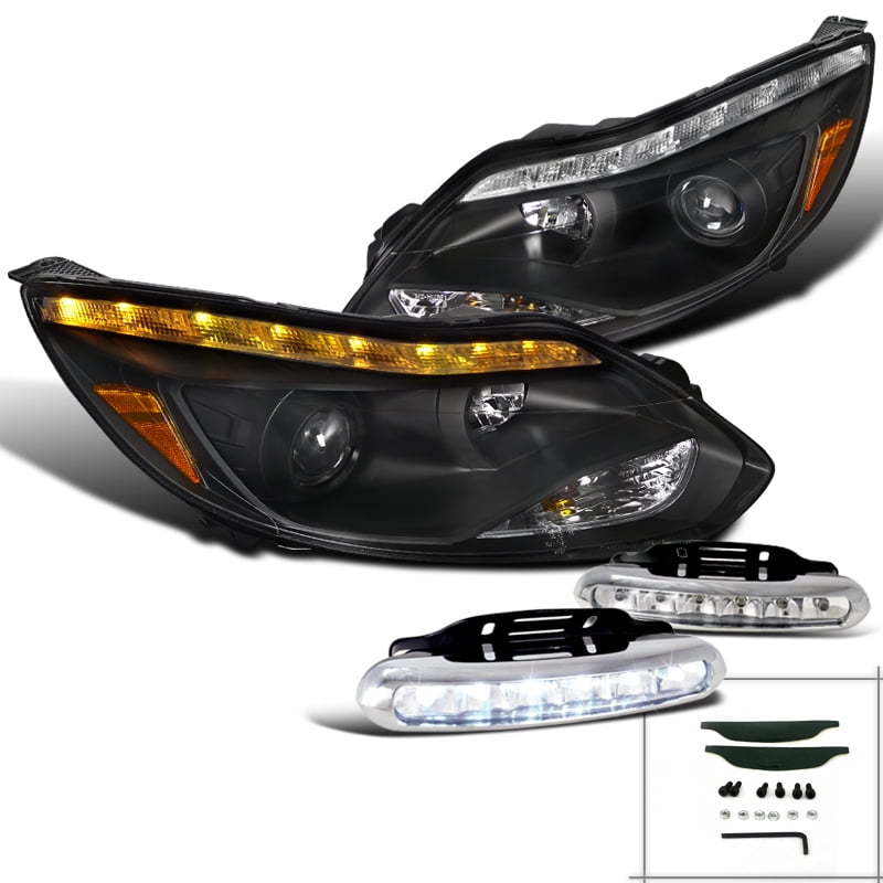 Spec-D Tuning Black LED Strip Bar Projector Headlights + LED Fog Lamps ...