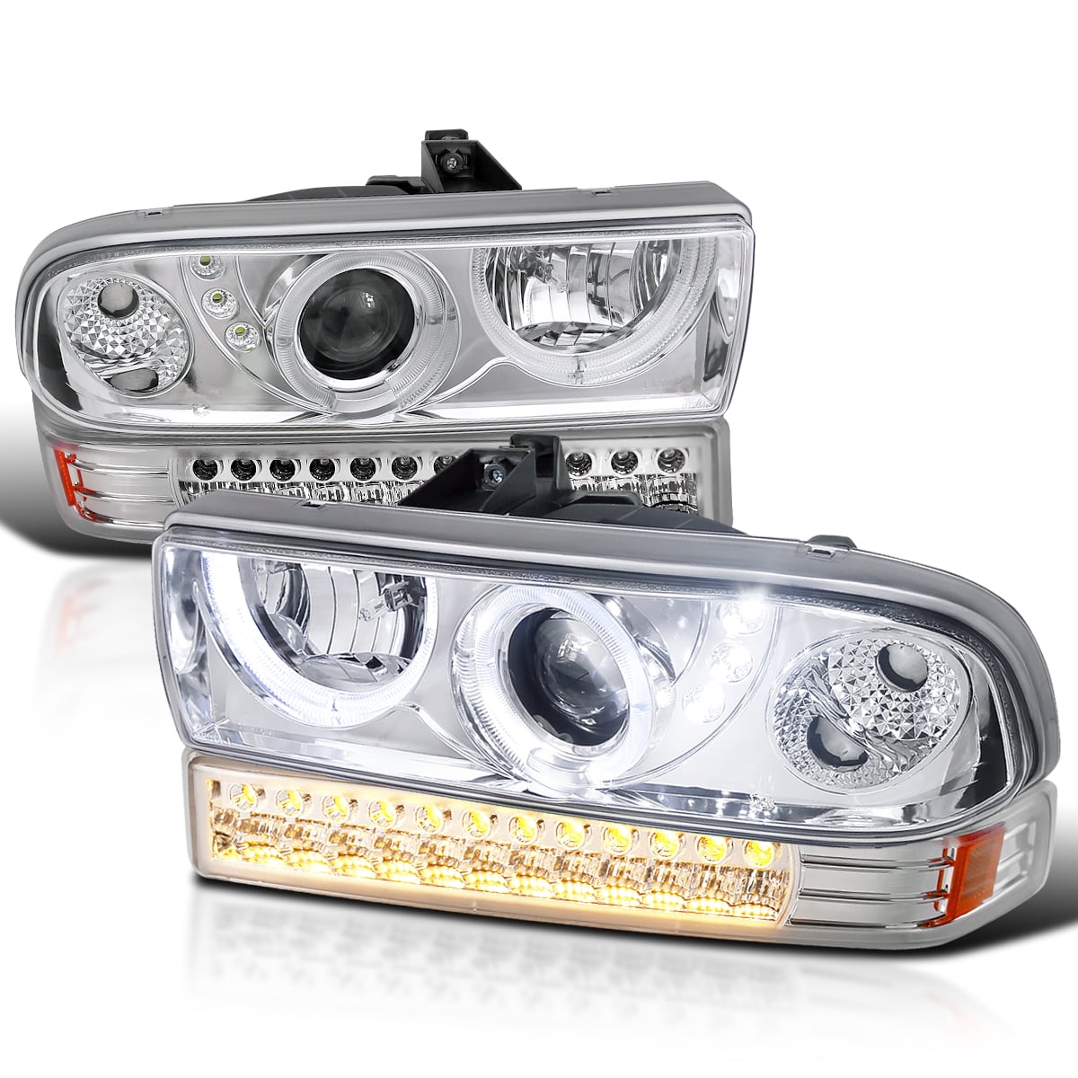 Spec-D Tuning Chrome Halo LED Projector Headlights + Chrome LED Bumper ...