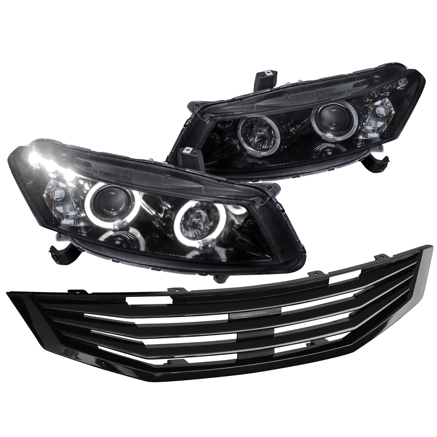 Spec-D Tuning Glossy Black Halo Projector Headlights + Hood Grille ...