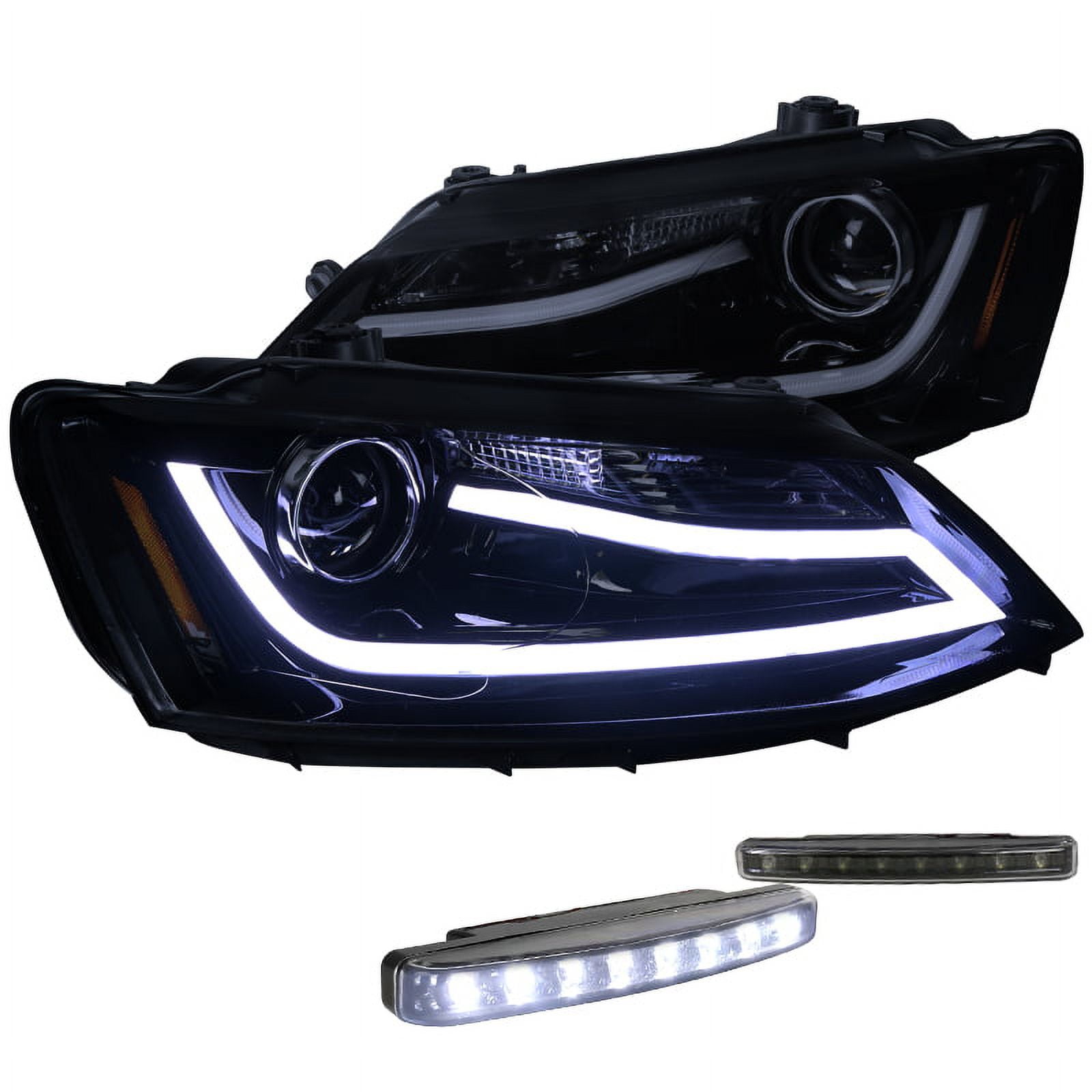Spec-D Tuning Glossy Black Projector Headlights + LED Light Bar + 8-LED ...