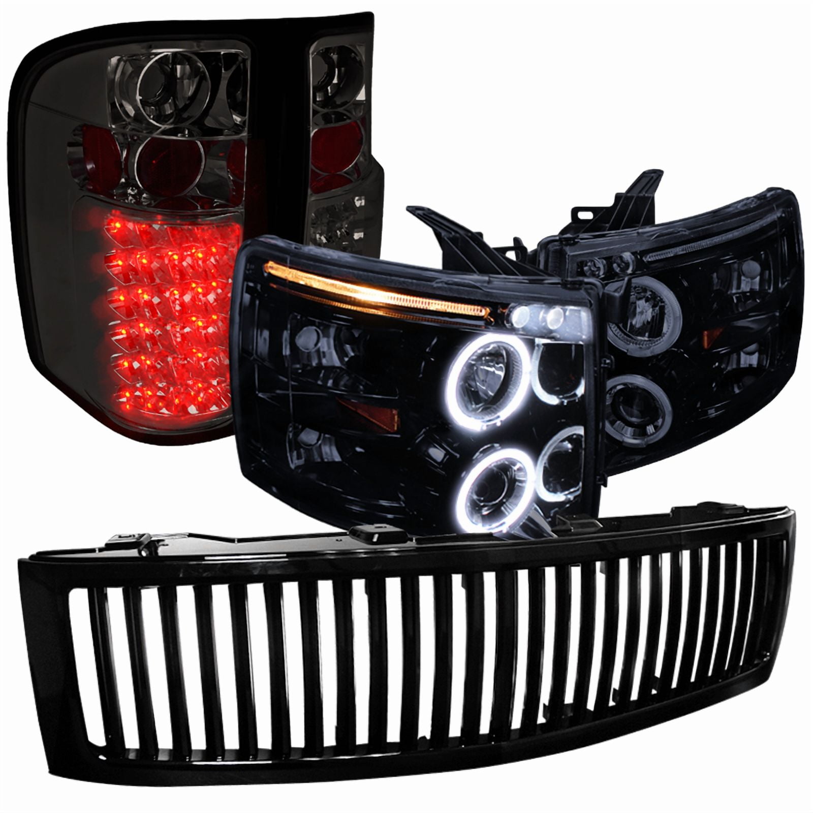Spec-D Tuning Halo Piano Black Projector Headlight + Grill + Smoke Tail ...
