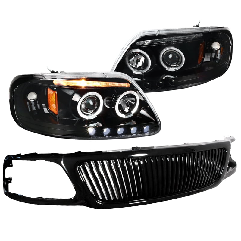 Spec-D Tuning Shiny Black LED Halo Projector Headlights+Black Grille ...