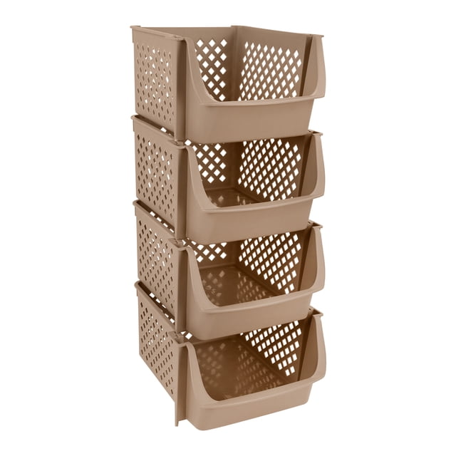 Spec101 Plastic Stackable Storage Bins - 4pc Tan Pantry Closet ...