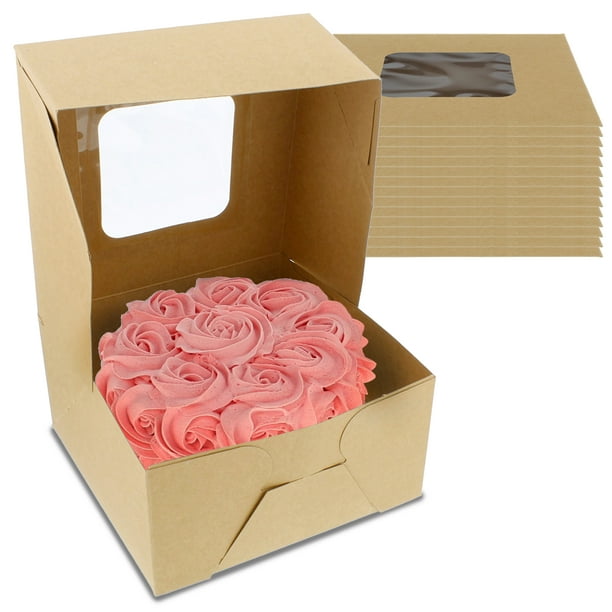Spec101 Popup Brown Bakery Boxes with Window 6x6x3 Inch Cake Boxes - 15 ...