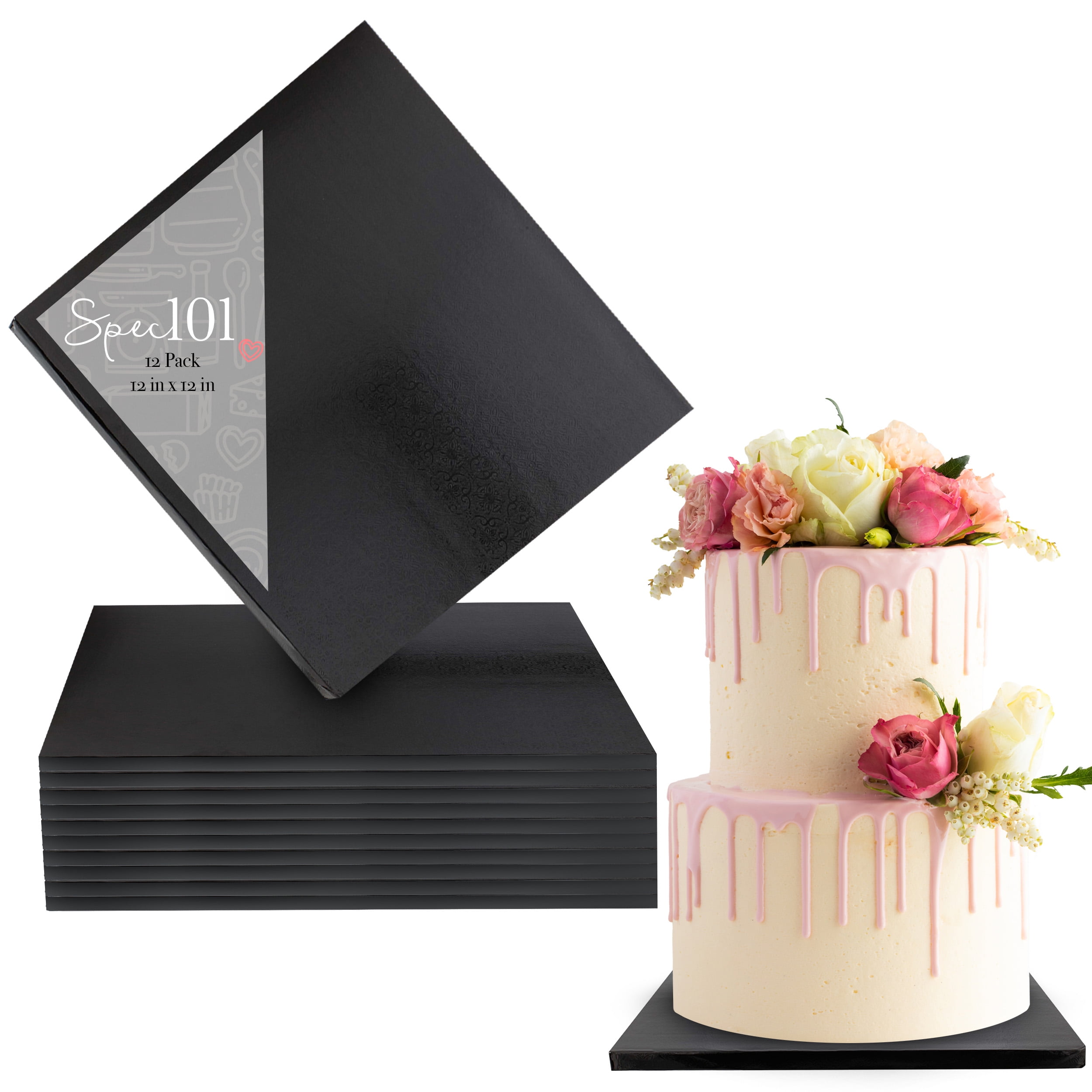 Spec101 Square Cake Boards Bulk 12pk - 12 Inch Cake Drum Black 1/2in ...