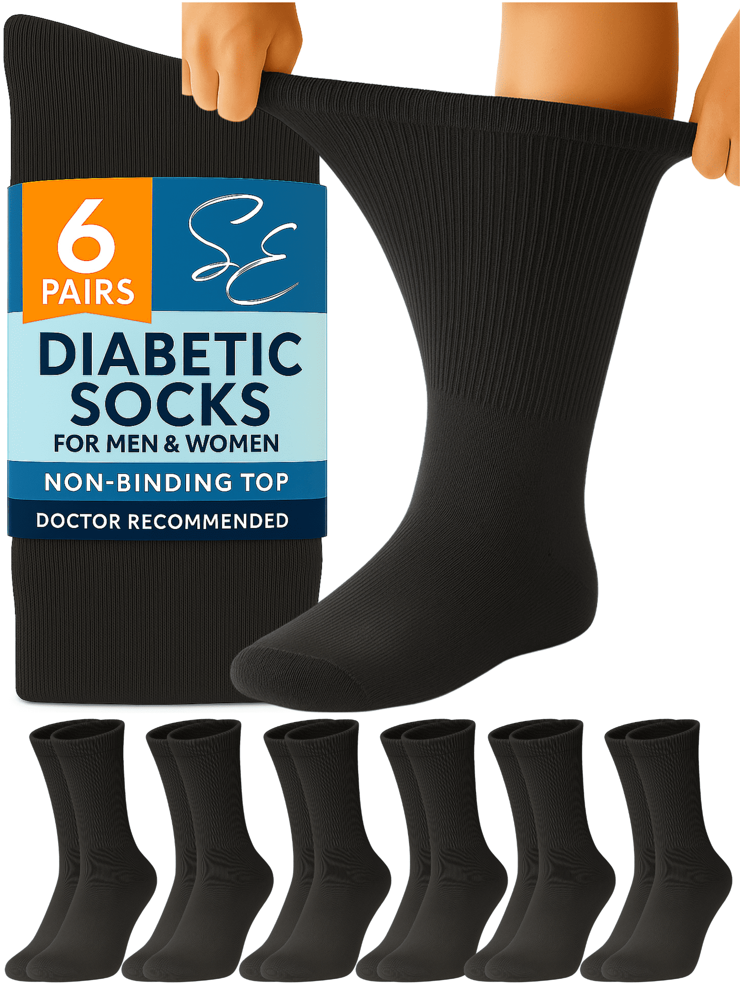 Special Essentials Cotton Diabetic Crew Socks, 6 Pairs, Black, Size 13 ...