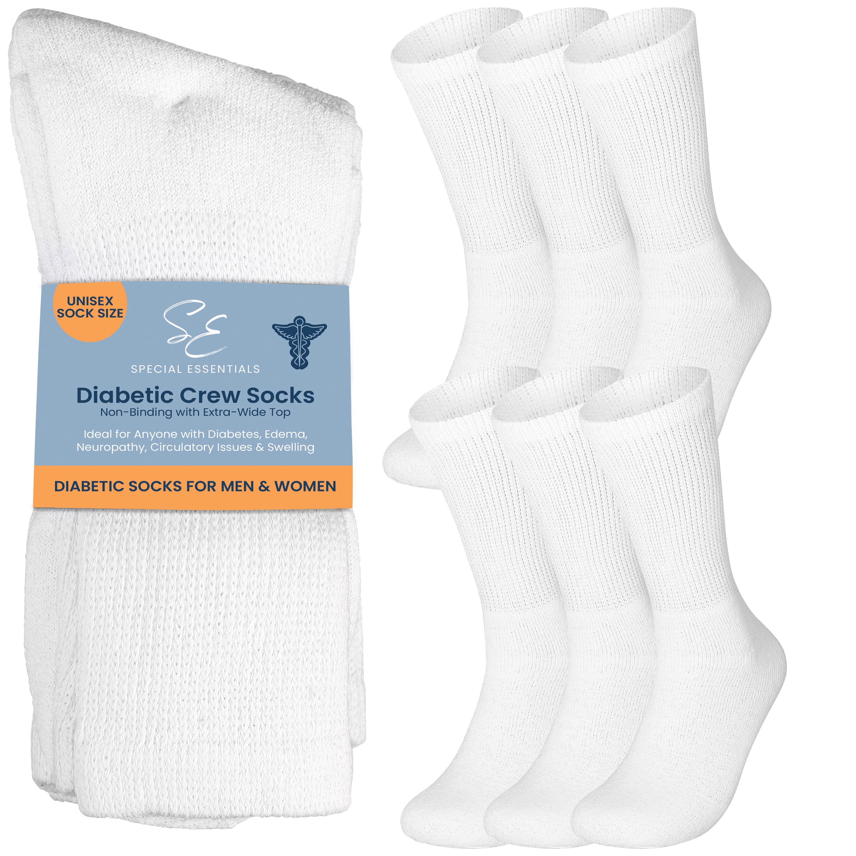 Special Essentials 6 Pairs Cotton Diabetic Socks Crew for Men and Women White (Size 10-13 ...