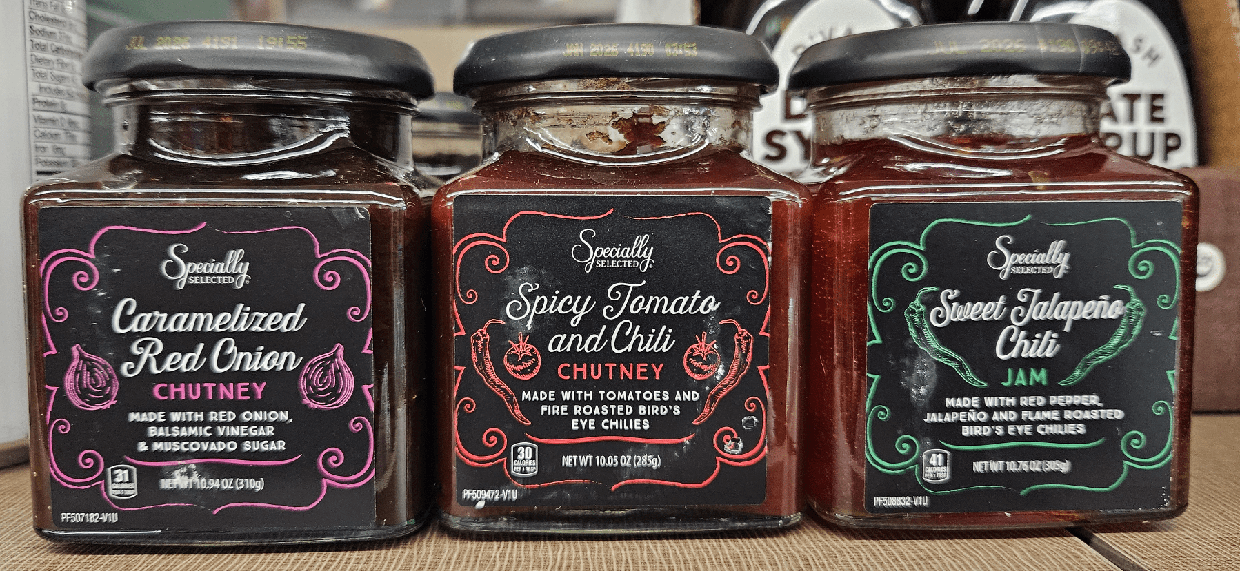 Specially Selected Chutney Caramelized Red Onion, Spicy Tomato Chili & Sweet Jalapeno Chili Jam ...