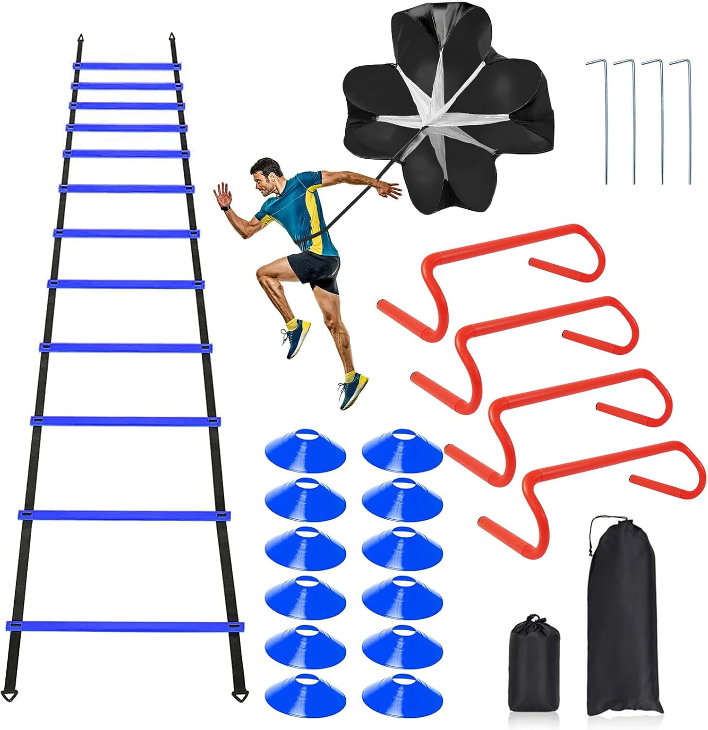 Speed & Agility Ladder Training Equipment Set, Includes 12 Rung 20ft Agility Ladder, 4 Agility ...