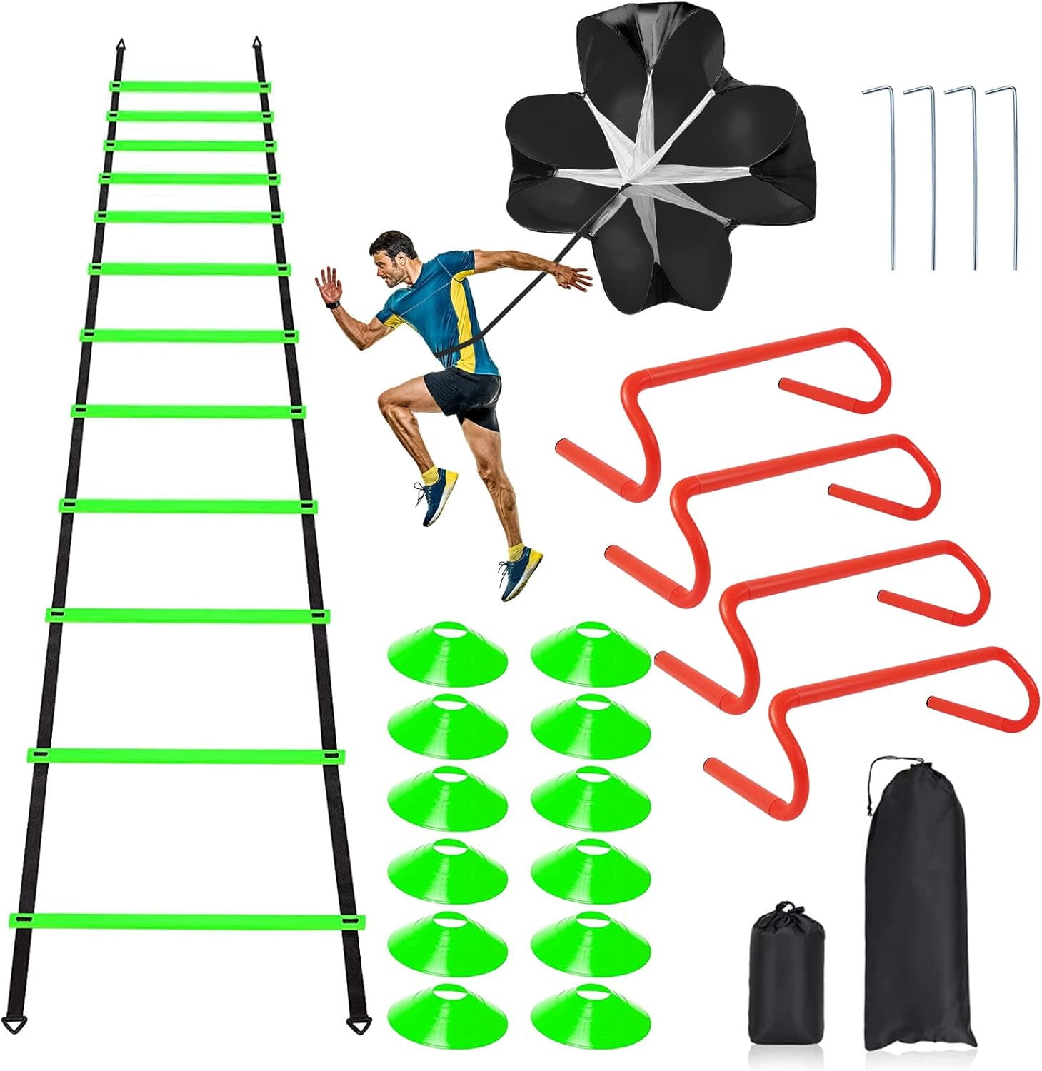 Speed & Agility Ladder Training Equipment Set, Includes 12 Rung 20ft Agility Ladder, 4 Agility ...