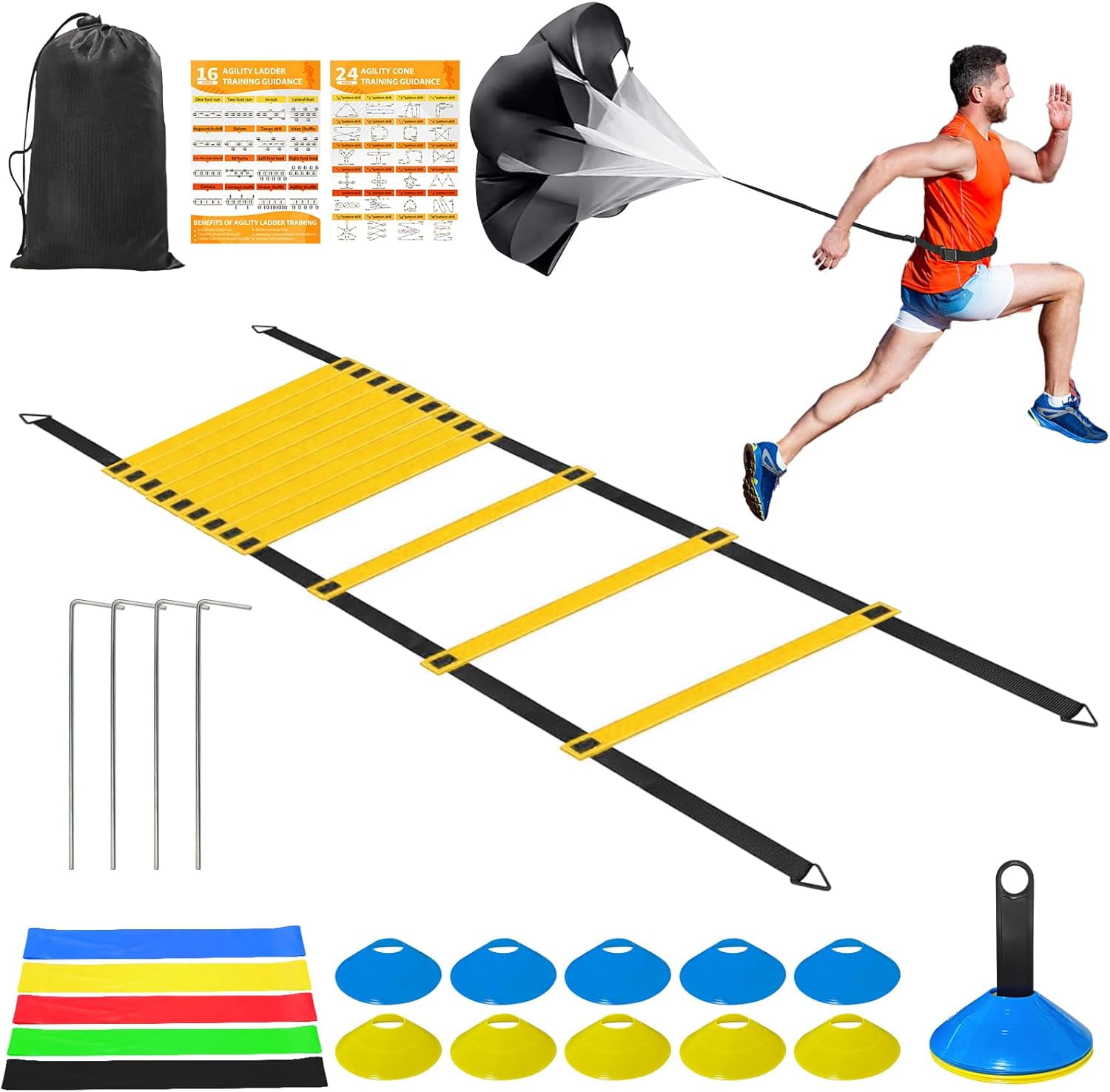 Speed Agility Training Equipment Set - 20ft Agility Ladder, 10 Disc Cones, Resistance Parachute ...