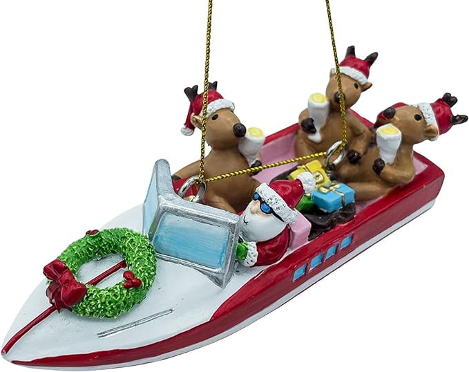 Speed Boat Santa and Reindeer Lake Party Boat Christmas Ornament ...
