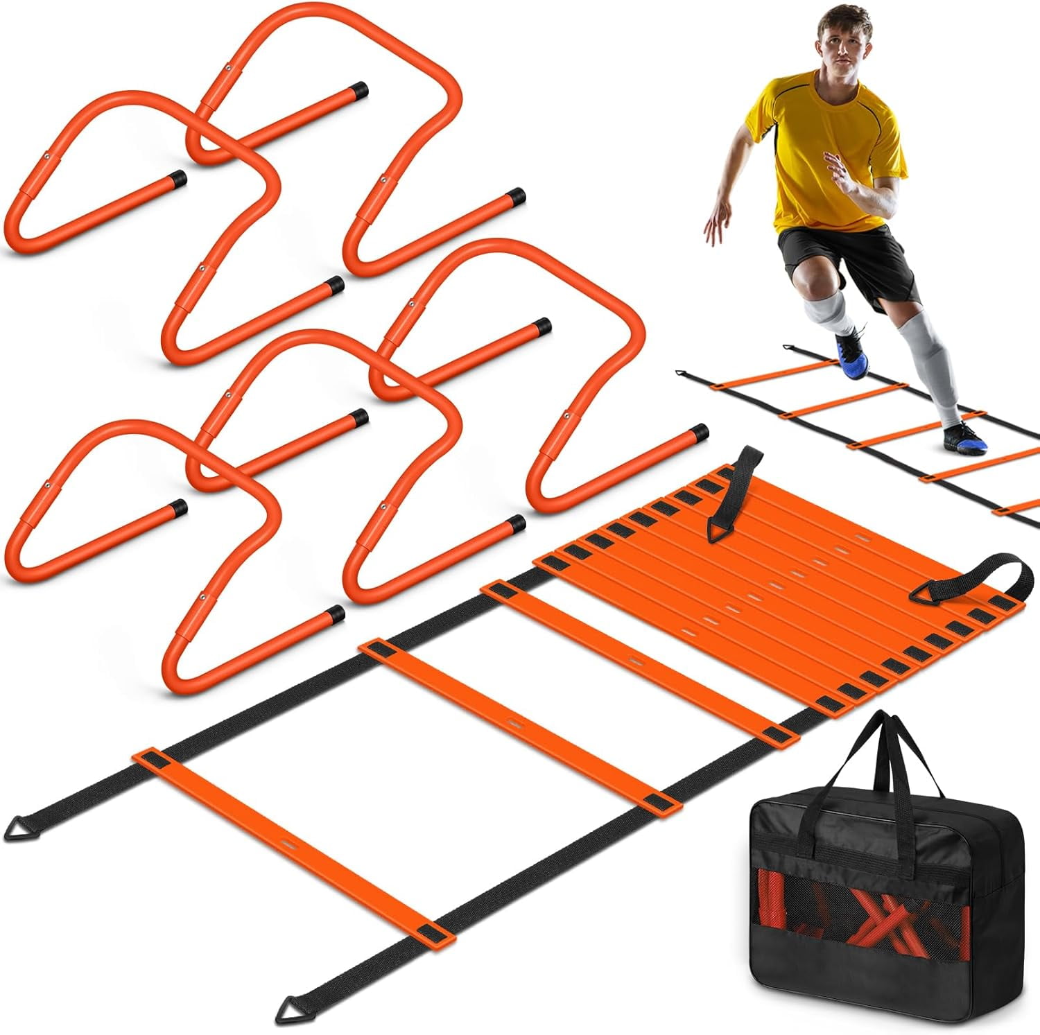 Speed and Agility Training Equipment: 5 Adjustable Agility Hurdles. 20ft Agility Ladder, Soccer ...