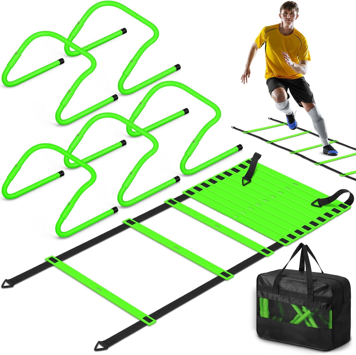 Speed and Agility Training Equipment: 5 Adjustable Agility Hurdles. 20ft Agility Ladder, Soccer ...