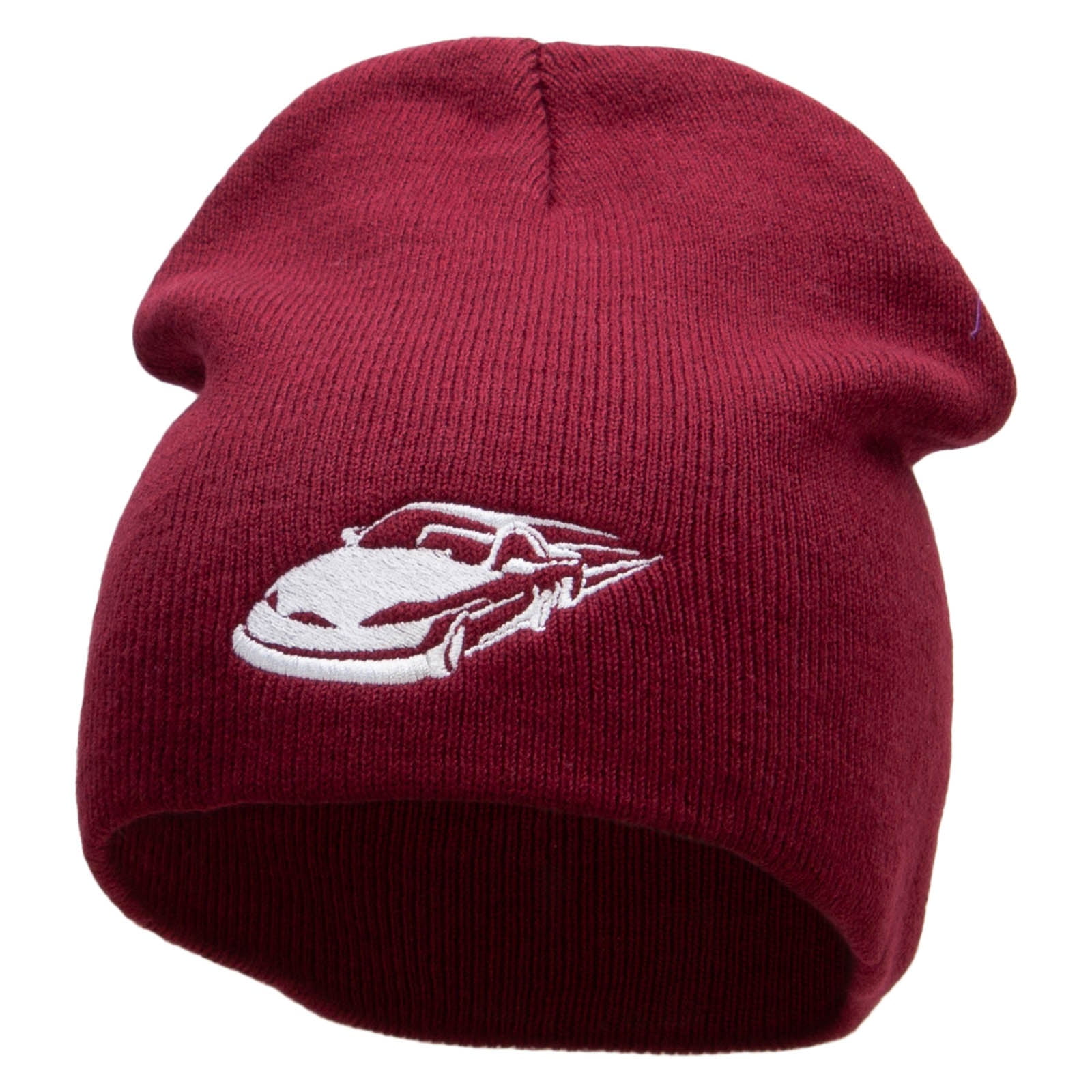 Speeding Car Embroidered 8 inch Acrylic Short Blank Beanie - Maroon ...