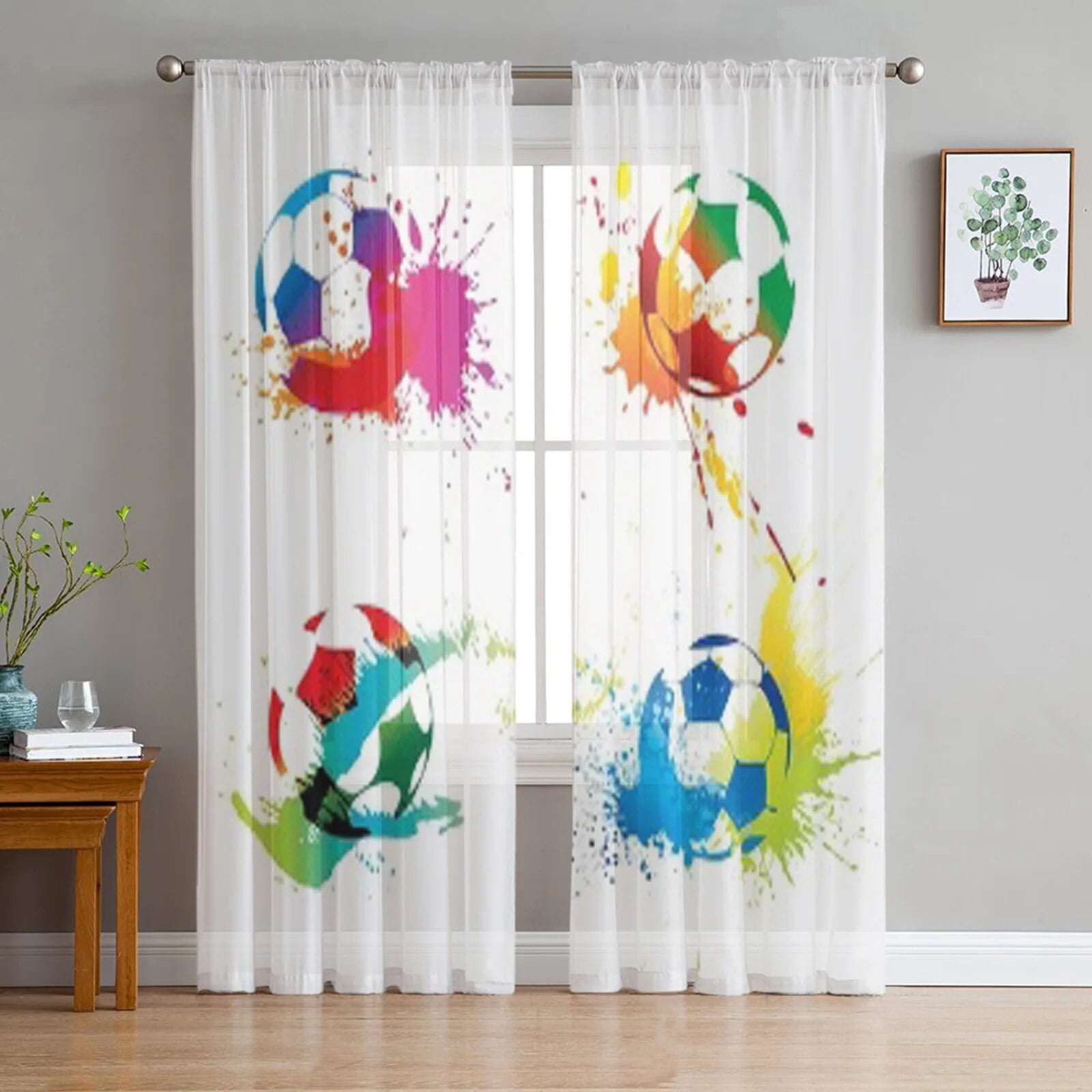 Speeding Footballs Soccer Balls Black white Chiffon Sheer Curtains for ...