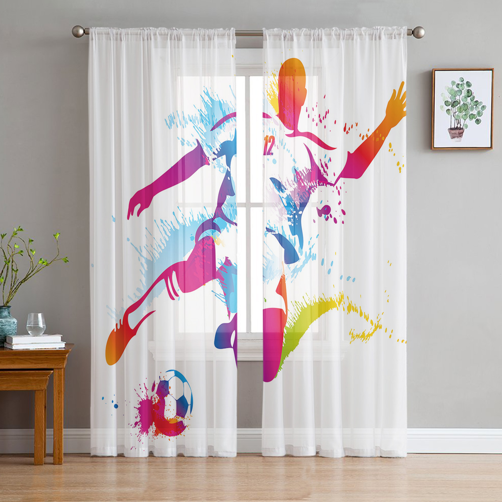 Speeding Footballs Soccer Balls Black white Chiffon Sheer Curtains for ...