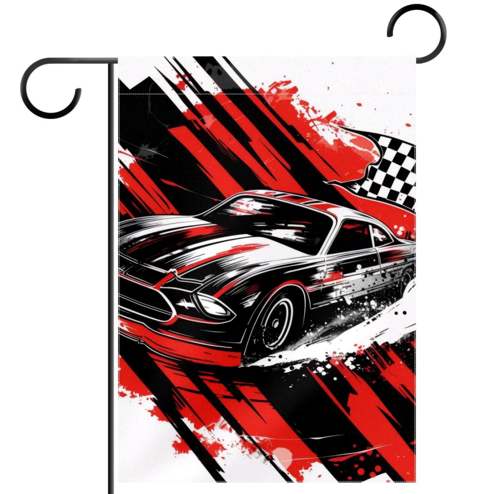 Speeding Racing Car with Checkered Flag Art Pattern Double Sided Garden ...