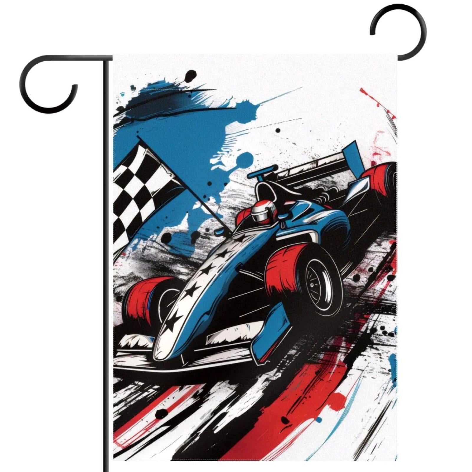 Speeding Racing Car with Checkered Flag Welcome Garden Flags, 12 x 18 ...