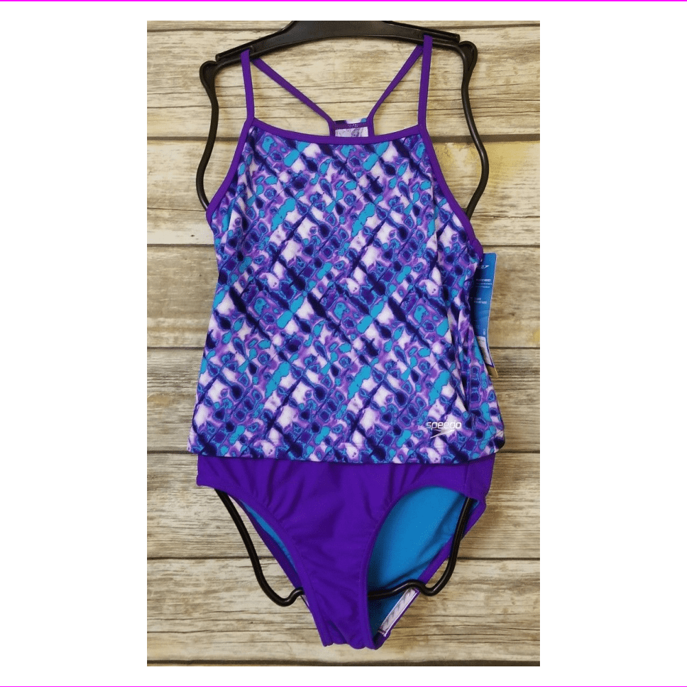 Speedo Girl's Sporty Splice Tankini 2 Piece Swimsuit (12, Purple ...