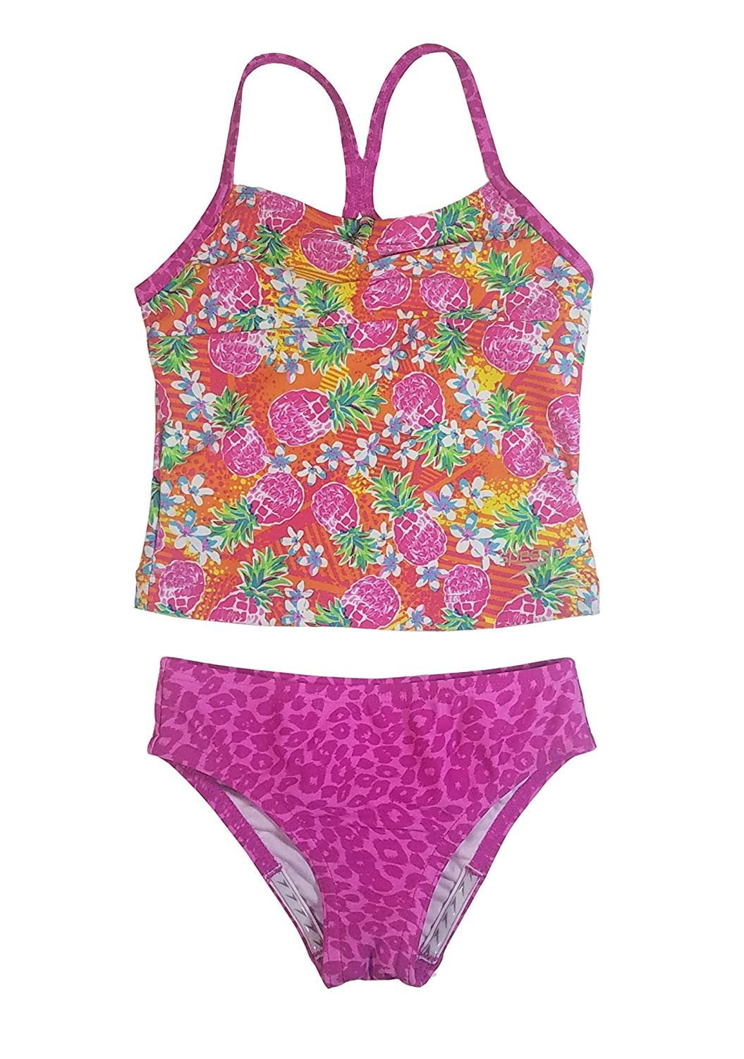 Speedo Girl's Sporty Splice Tankini 2 Piece Swimsuit 16, Pink/Pineapple ...