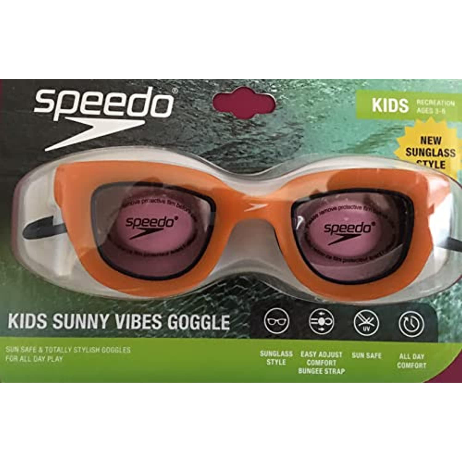 Speedo Sunny Vibes Orange Swimming Goggles, Adjustable Bungee Strap ...