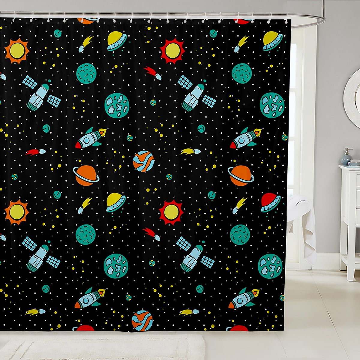 Spefrowx Space Shower Curtain Cartoon Space Rocket Fabric Shower ...