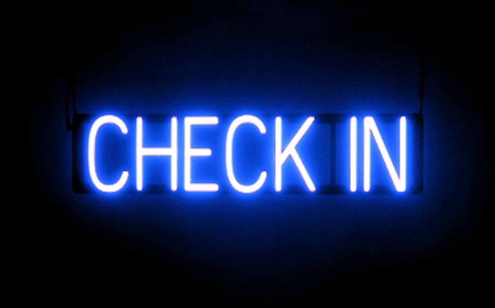SpellBrite CHECK IN LED Sign for Business. 27.3" x 6.3" Blue CHECK IN ...