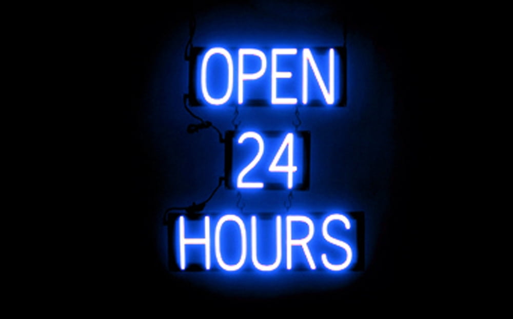 SpellBrite OPEN 24 HOURS LED Sign for Business. 20.8" x 23.8" Blue OPEN ...